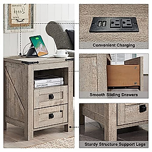 T4TREAM Nightstand wtih Charging Station, End Table, Side Table with 2 Drawers Storage Cabinet for Bedroom, Living Room, Farmhouse Design, Wood Rustic,Light Rustic Oak