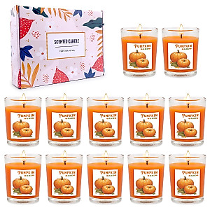 Set of 12 Pumpkin Scented Candles in Clear Glass, Small Natural Soy Wax Fall Harvest Orange Colored Autumn Votive Candles for Halloween Thanksgiving Home Table Celebration Decor