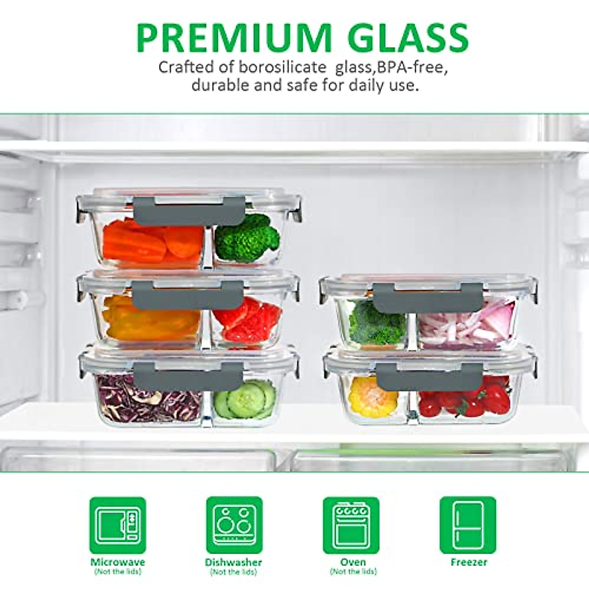 KOMUEE Glass Meal Prep Containers 2 Compartments,Glass Lunch Containers Set Glass Food Storage Containers with Lids,Glass Bento Box,Gray