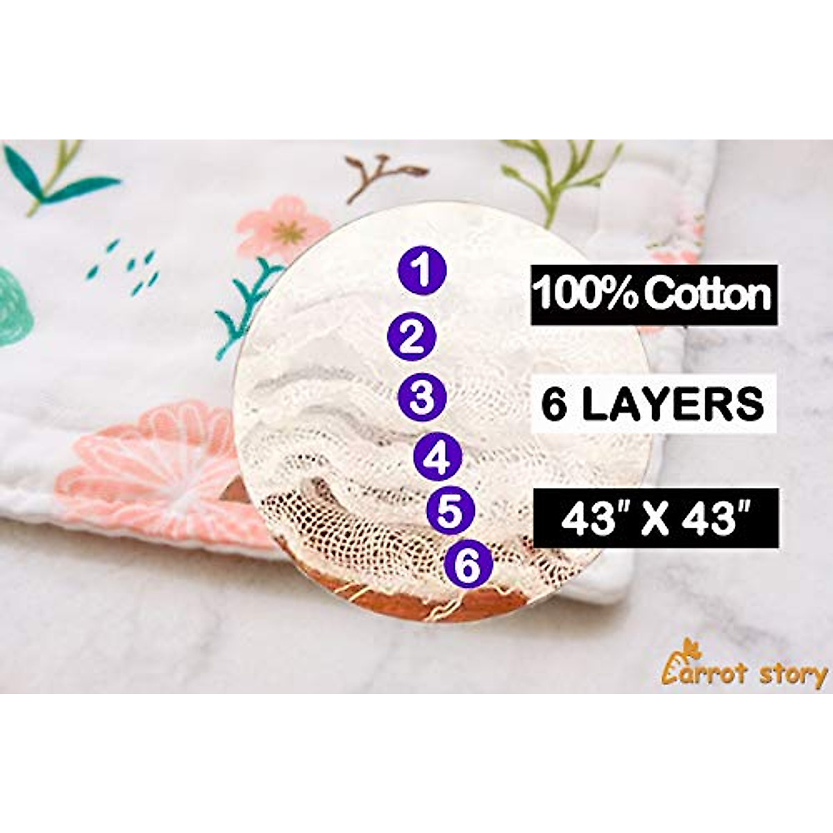 Carrot story 6 Layers 100% Cotton Premium Muslin Swaddle Blanket 43" X 43" Multipurpose Soft Toddler Blanket for Baby Shower (Smart Fox)