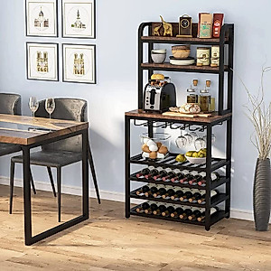 Tribesigns 32 Bottle Wine Rack Freestanding Floor, 7-Tier Wine Storage Display Shelves with Glass Holder, Wine Bar Cabinet Bottle Holder Organizer Stand for Kitchen Bar Dining Room (Rustic Brown)
