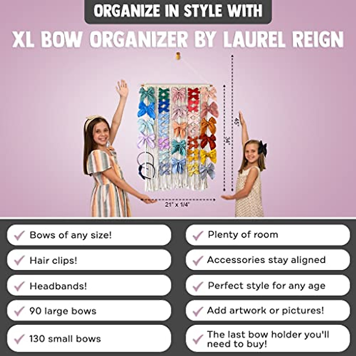 XL Bow Organizer for Girls Hair Bows - Holds All Hair Bow Sizes | Baby Bow Organizer | Hair Bow Organizer and Bow Holder for Girls Hair Bows | Headband Holder | Bow Hanger for Girls Hair Bows