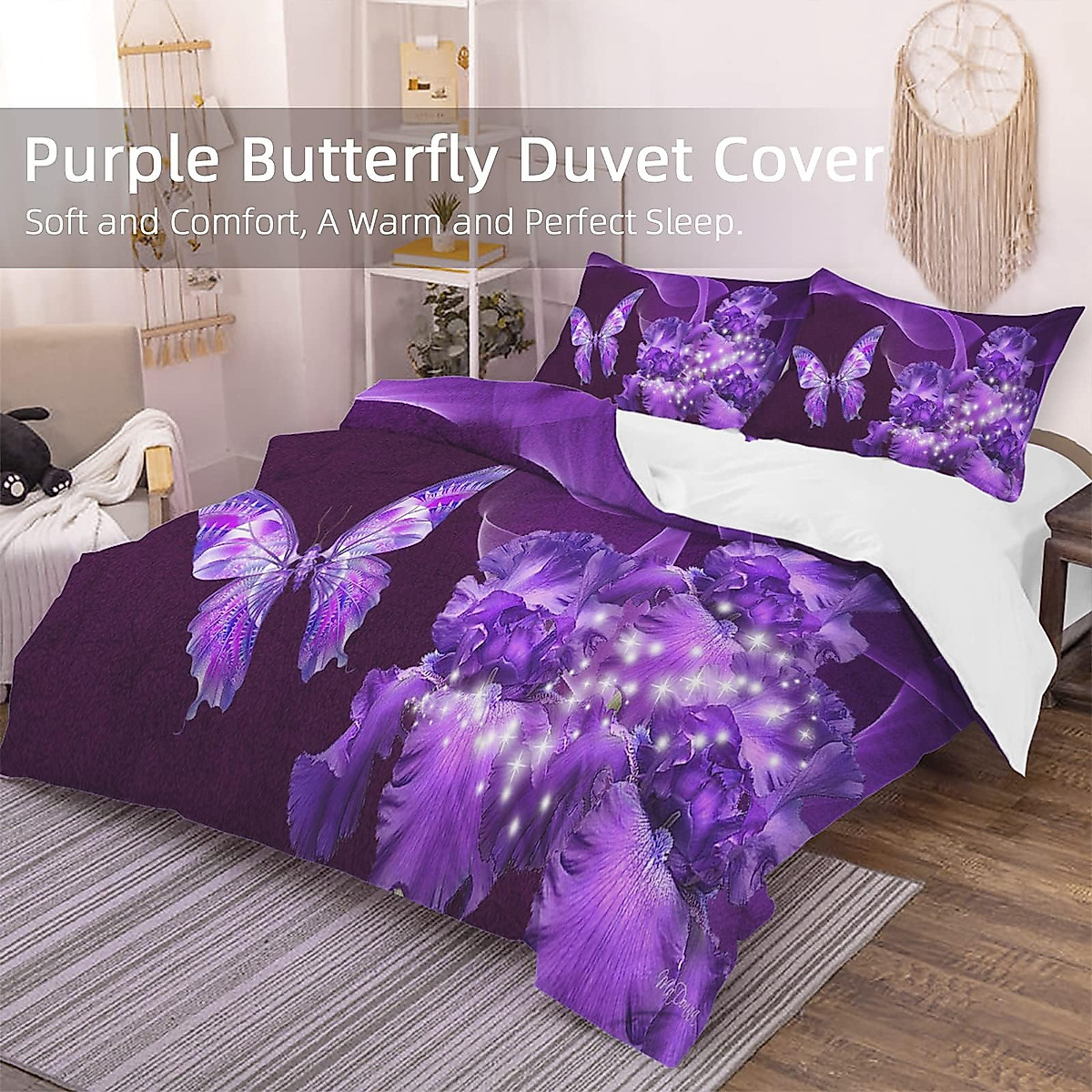 BEDROOMDECRO Purple Bedding Duvet Cover with Zipper Closure 3D Galaxy Purple Butterfly Floral Printed Bedding Soft Microfiber Comforter Cover, King (104"x90")- 3 Pieces (1 Duvet Cover +2 Pillowcases)