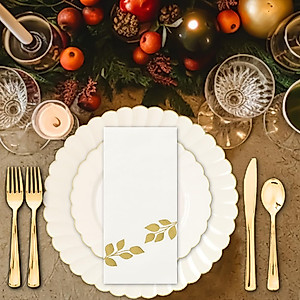 By Madee HEAVYWEIGHT 175 Pc Thanksgiving Plates and Napkins Sets | Ivory Scalloped Plates with Gold Trim | Fall Plastic Plates, Cutlery, Gold Leaf Napkins | High End Disposable Plates (25 Guests)