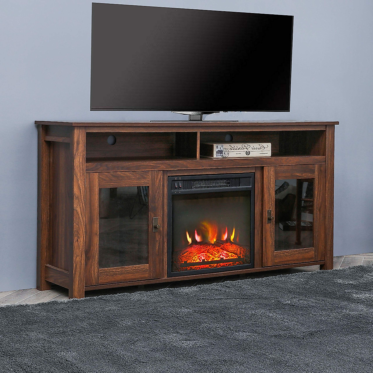 Top Space Electric Fireplace TV Stand Entertainment Center Corner Electric Fireplace Console Fireplace Heater for TVs up to 60",Wooden Electric Fireplace TV Stand,Rustic