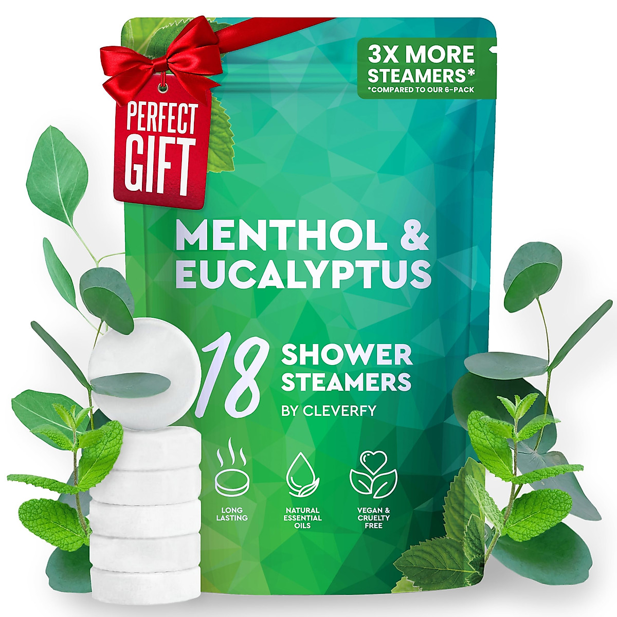 Cleverfy Shower Steamers Aromatherapy - Stocking Stuffers for Women and Teens and Christmas Gifts for Women. 18 Pack of Eucalyptus & Mint Shower Bombs for Relaxation and Nasal Congestion.