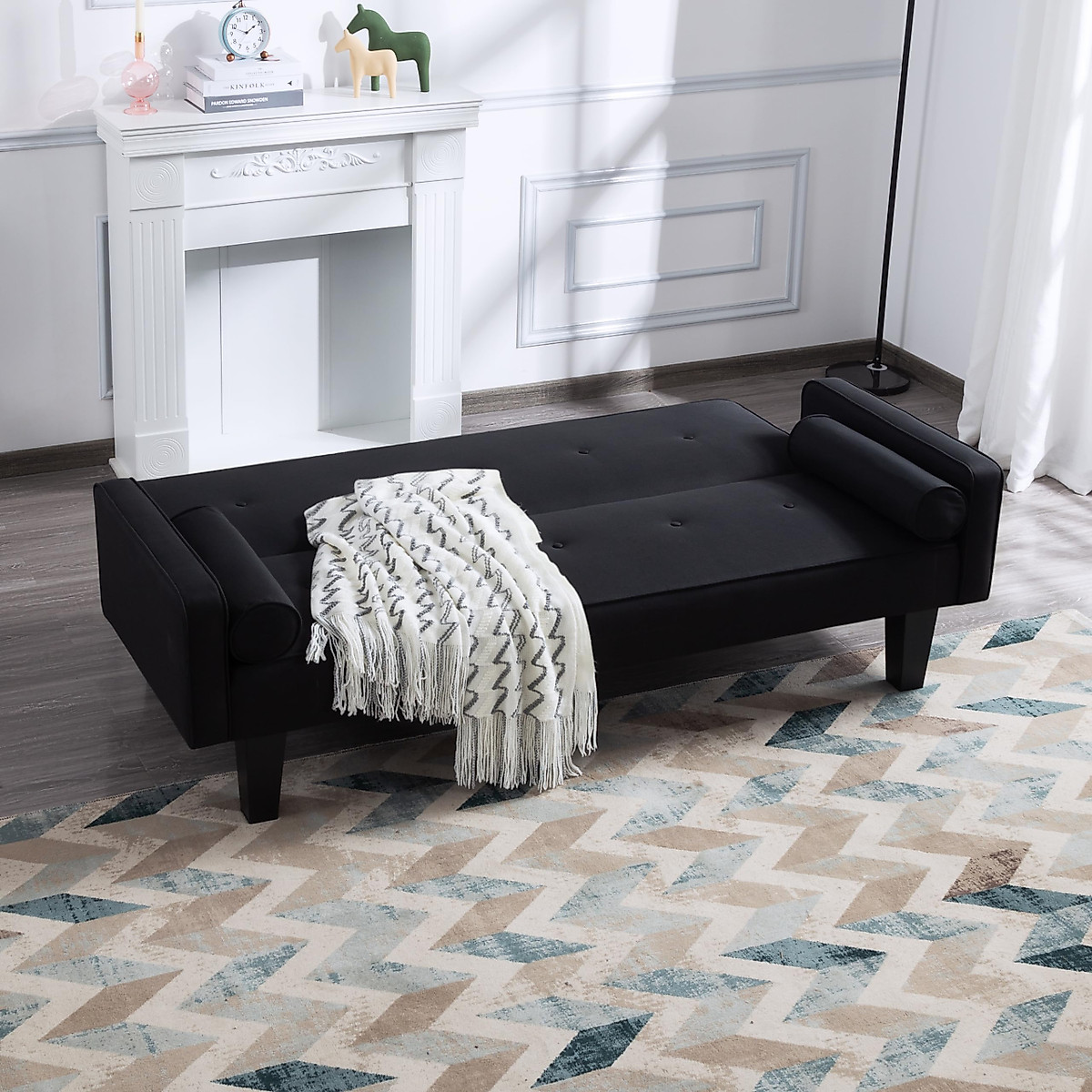 BSHTI Convertible Loveseat Sofa Bed w/Adjusting Backrest,Futon Sleeper Couch with 2 Long Pillows, Removable Square Armrest, for Apartment, Office, Compact Living Room,Dark Gray