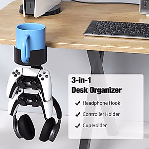 360° Rotating Controller Headphone Holder - Larger Desk Cup Holder with Adjustable Headset Hanger Controller Stand | Clamp On Desk Organizer | Gaming Pc Accessories
