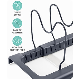 JULY HOME Expandable Pot and Pan Organizer Rack for Cabinet, Pot Lid Organizer Holder with 7 Adjustable Compartments, Cutting Board, Cookware, Bakeware & Frying Rack Organizer for Cabinet (Gray)