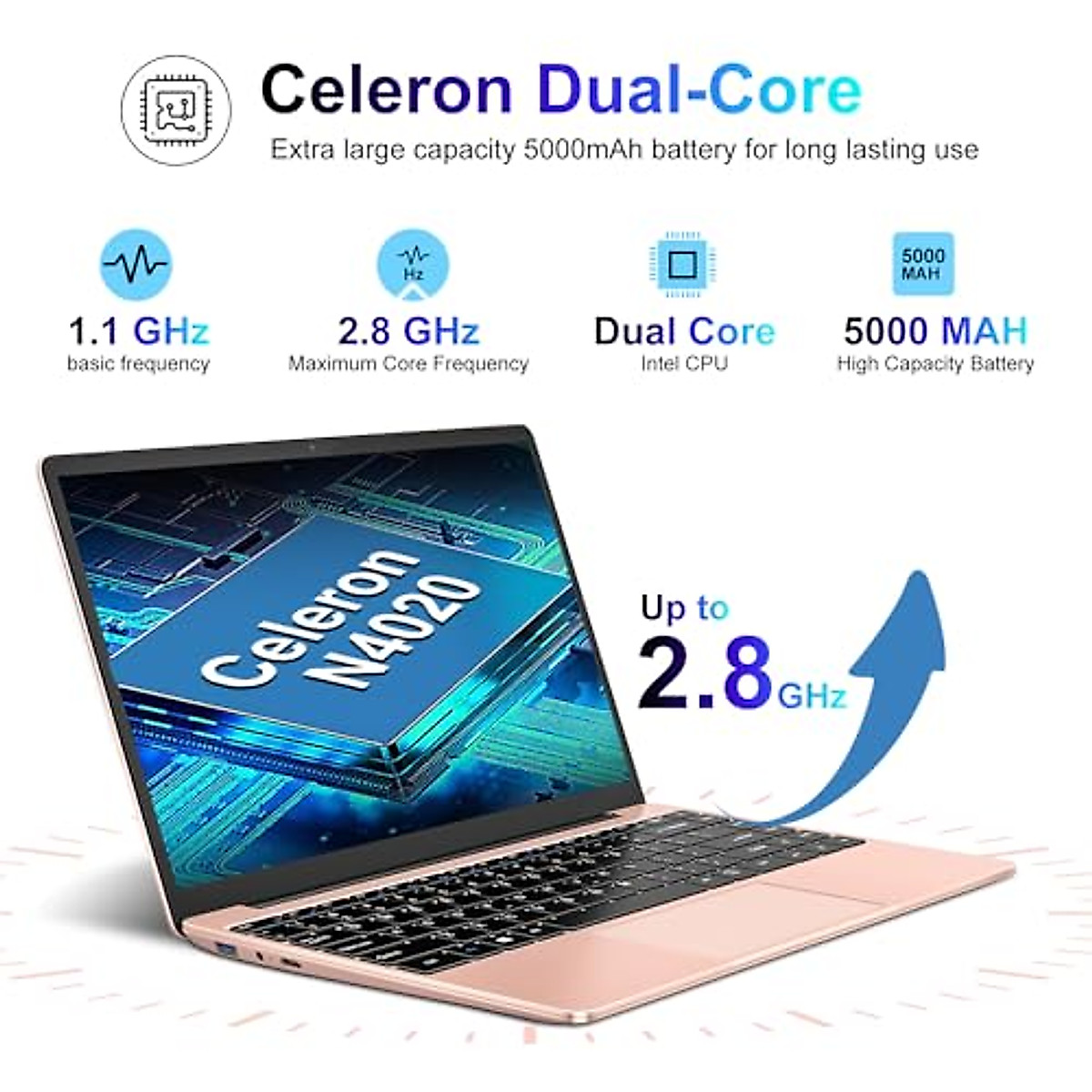 Ruzava/Aocwei 14" Laptop 6GB DDR4 256GB SSD Intel N4020(Up to 2.8Ghz) 2-Core Win 11 Notebook 1920x1080 FHD Dual WiFi BT 4.2 Support 512GB TF&1TB SSD Expand with Wireless Mouse for Work Study-Gold