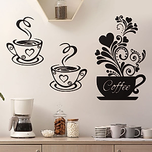 Kitchen Wall Decor Sticker Coffee Tea Cup Flower Wall Art Decor Sticker Black Coffee Cup Wall Art Stickers Removable DIY Vinyl Wall Art Decor Coffee Station Decorations for Kitchen Shop Cafe Pub