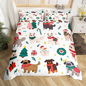 Erosebridal Merry Christmas Comforter Cover Twin Size Cartoon Dog Duvet Cover for Teens Kids Boys Room Decor Xmas Tree Snowman Bedding Set Cute Pug Puppy Animal Quilt Cover with 1 Pillow Case
