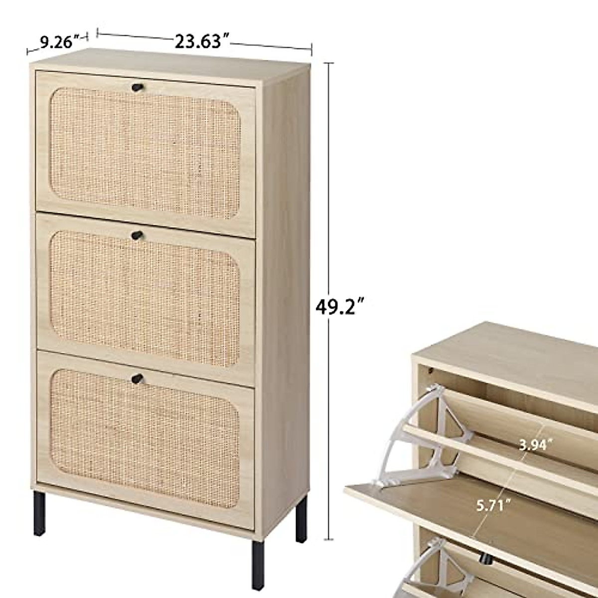 Rattan 3-Drawer Shoe Cabinet Rustic Freestanding Shoe Rack Organizer Wooden Entryway Narrow Shoe Storage Cabinet w/Natural Rattan Flip Doors for Closet Hallway Small Space(1 Pack-Natural)