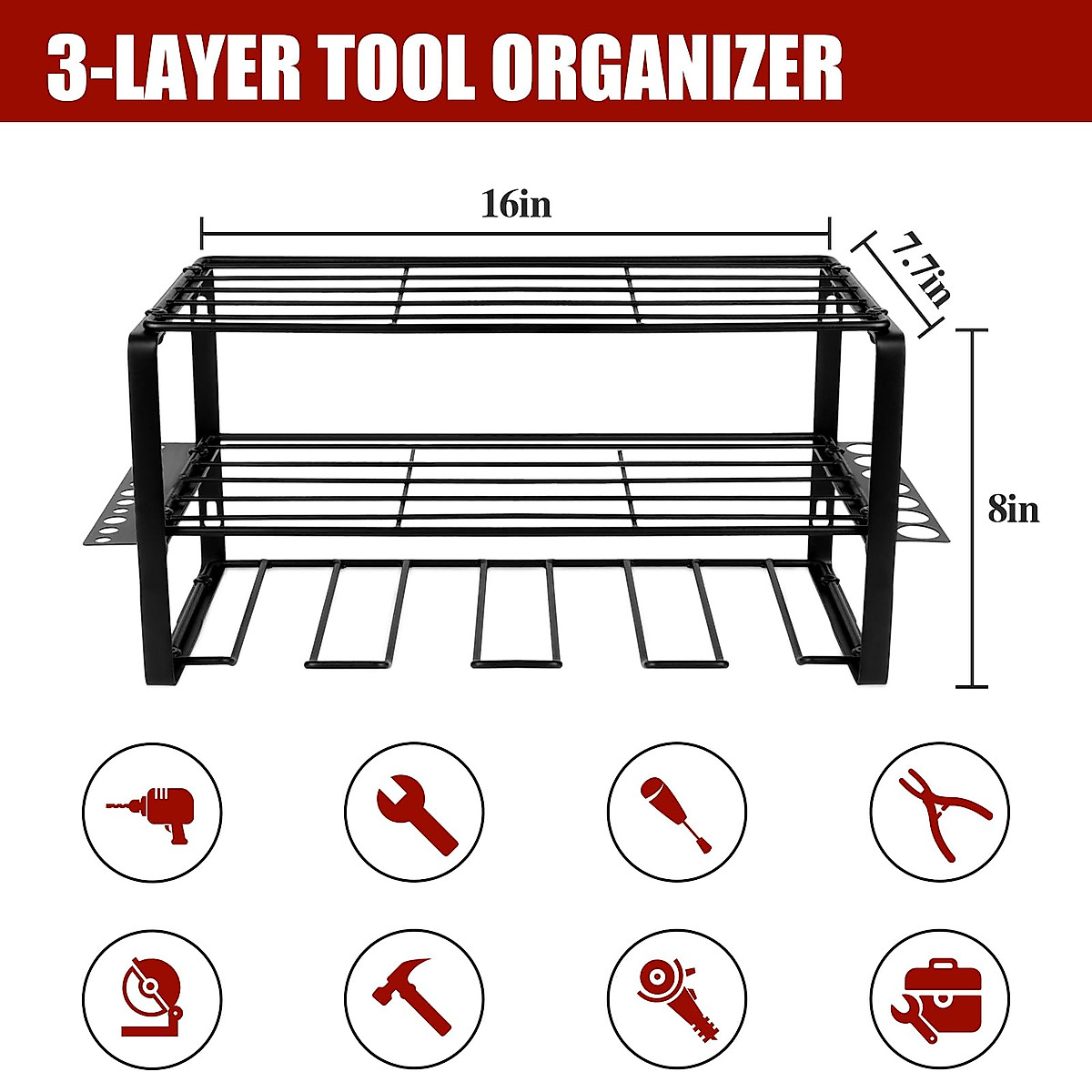TaoTazon Power Tool Organizer, Wall Mount Garage Tool Organizer and Storage, 3 Layers 4 Drill Holder Wall Mount, Power Tool Holder and Storage Rack for Garage Organization (1 Pack-3 Layers)