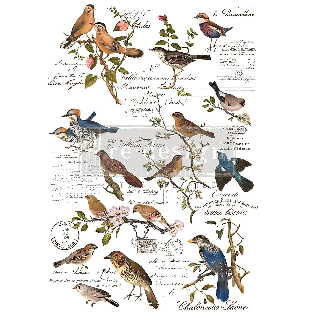 Redesign With Prima Decor Transfers® Postal Birds Total Sheet Size 24"x35",Cut Into 3 Sheets 655350647551