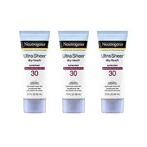 Neutrogena Ultra Sheer Dry-Touch Sunscreen Lotion, Broad Spectrum SPF 30 UVA/UVB Protection, Oxybenzone-Free, Water Resistant, Non-Comedogenic, Non-Greasy, Travel Size, 3 Fl Oz, Pack of 3