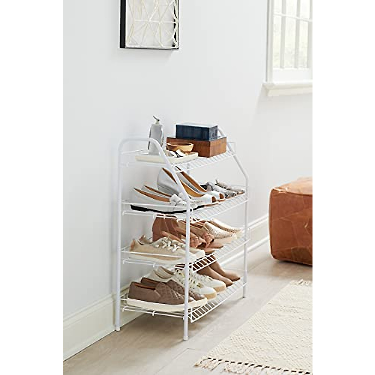 Rubbermaid 4-Tier Wire Shoe Rack, White, Simple Assemble, Storage Shelf for Organization in Bedroom/Closet