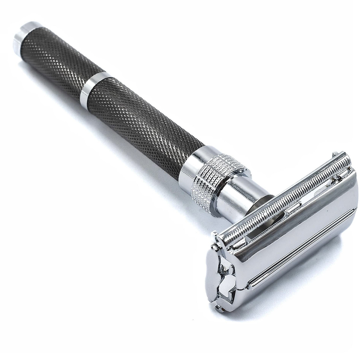 Parker, 96R Graphite Gray Long Handle Butterfly Open Double Edge Safety Razor for Men, 5 Parker Premium Platinum Double Edge Razor Blades Included