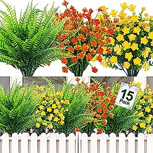 Camlinbo 15 Bundle Artificial Flowers Outdoor Spring Summer Decorations Artificial Boston Fern UV Resistant Fake Plants Faux Plastic Flowers for Home Garden Outside Porch Decor Hanging Planters(Mixed)