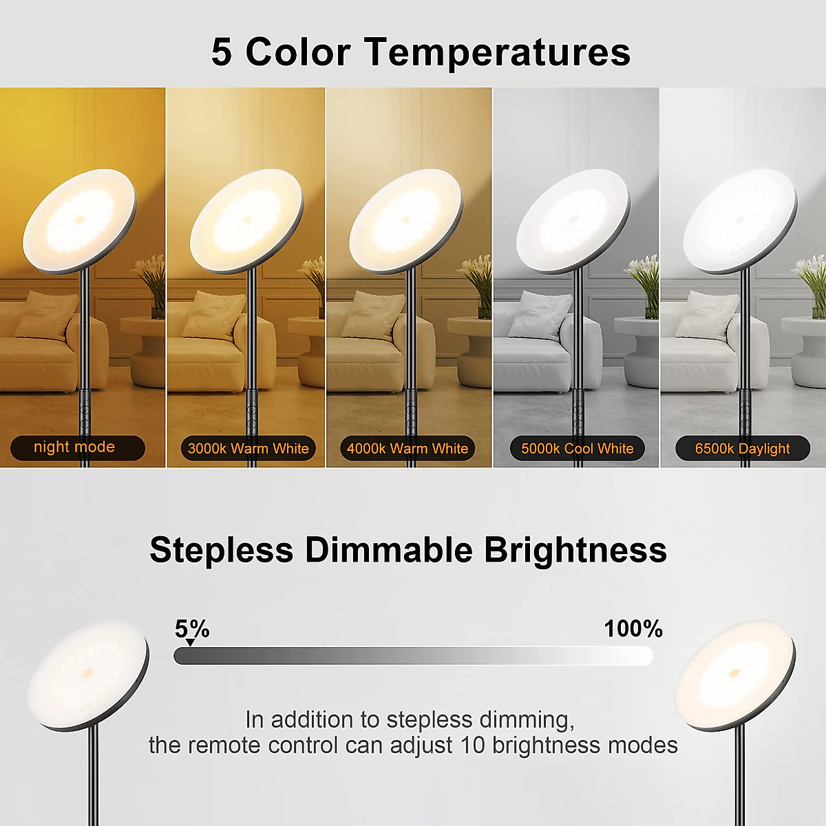LED Floor Lamp, 3600LM 36W Super Bright Standing Lamp with Remote & Touch Control, 350W Equivalent Modern Torchiere Lamp with 2700K-6500K Stepless Dimming, 69" Tall Lamp for Living Room Bedroom Office