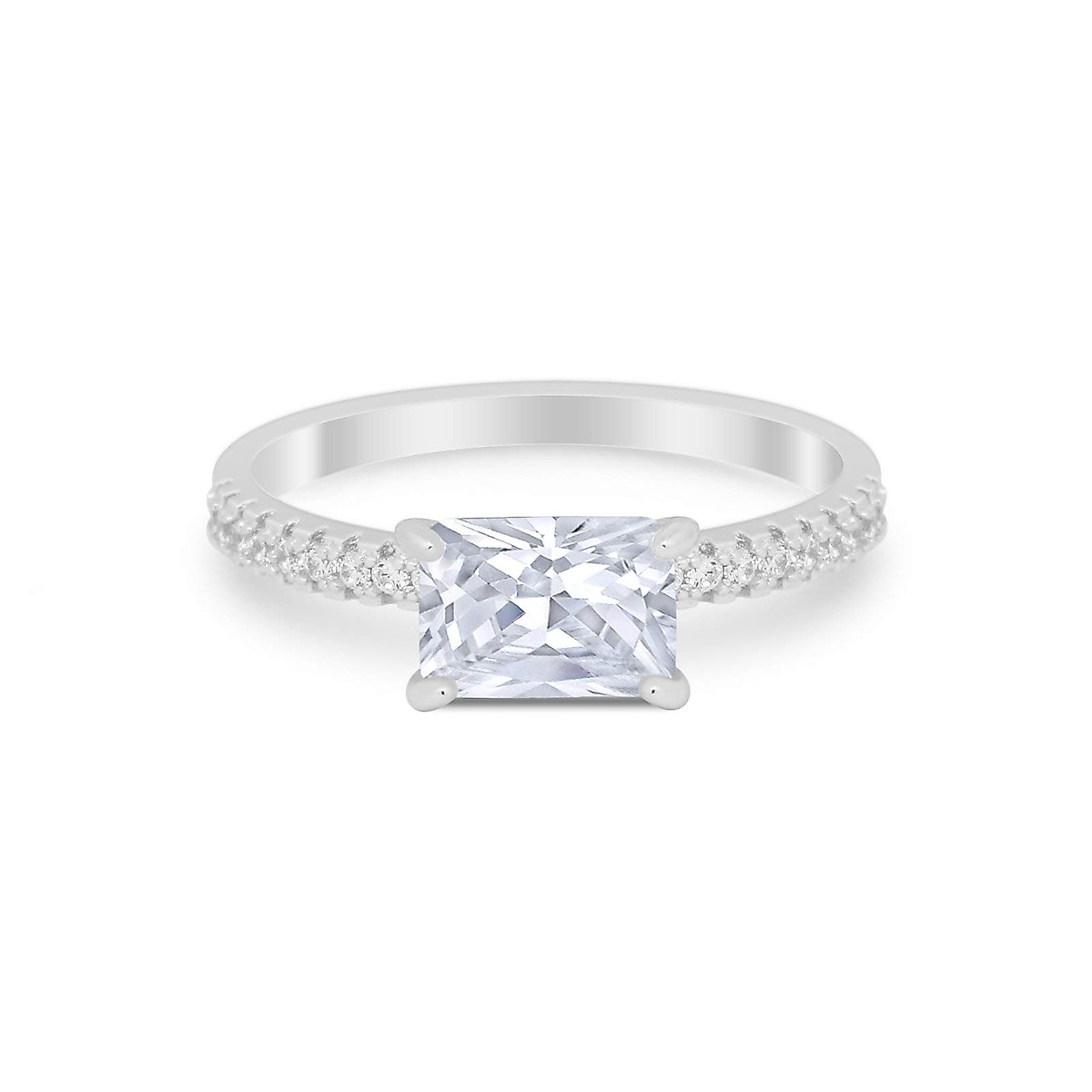 Blue Apple Co. Simulated Cubic Zirconia Size-6 Vintage Wedding Engagement Ring Sideways Emerald Cut Round CZ 925 Sterling Silver