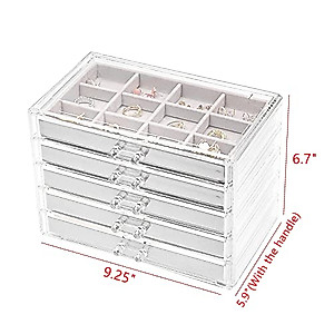 Cq acrylic Earring Jewelry Organizer with 5 Drawers,Clear Acrylic Jewelry Box for Women,Velvet Earring Display Holder for Earrings Ring Bracelet Necklace,Birthday and Christmas Gift,Grey