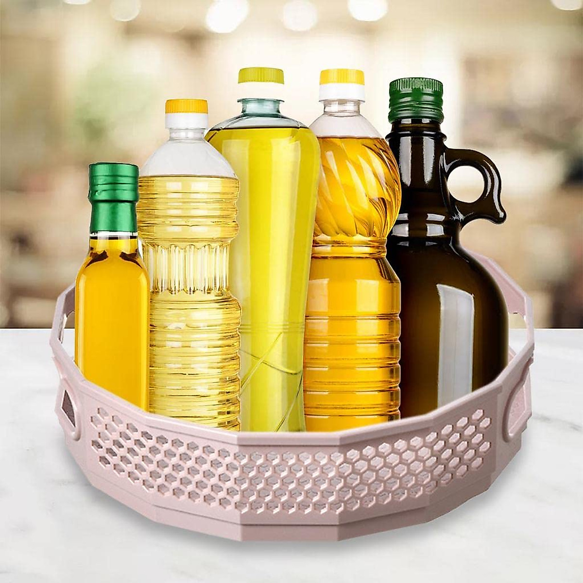 Baoblaze Rotating Kitchen Round Storage Tray Table Top Pantry Fruit Cosmetic Organizer Plate Container, Pink L