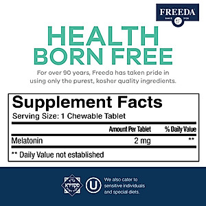 FREEDA Melatonin 2mg Sugar-Free Chewables – Natural Sleep Aid for Adults & Kids – Vegan, Kosher, Gluten-Free, Non-GMO, Easy Bedtime Support – 60 Tablets