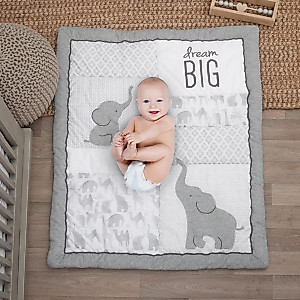 NoJo Elephant Tribe Grey and White 4 Piece Nursery Crib Bedding Set - Comforter, Fitted Crib Sheet, Dust Ruffle, Nursery Organizer