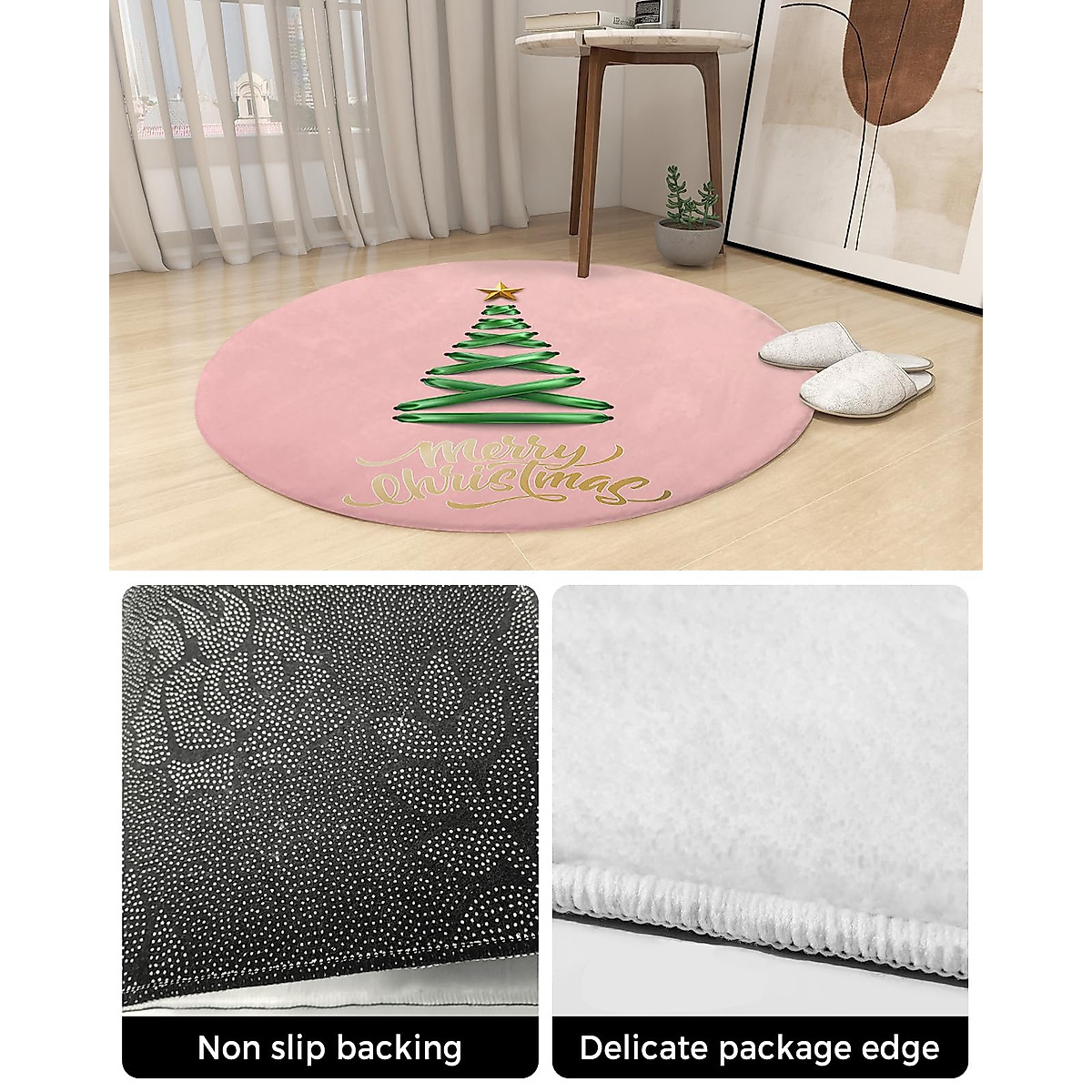 Christmas Fluffy Round Area Rug Carpets 5ft,Plush Shaggy Carpet Soft Circular Rugs,Non-Slip Fuzzy Accent Floor Mat for Living Room Bedroom Nursery Home Decor Geometric Abstract Contemporary Tree Pink