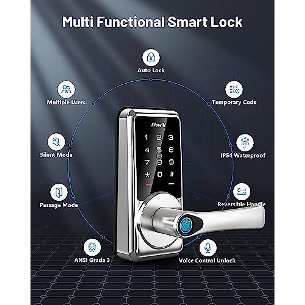 Smart Door Lock for Front Door, Zowill 7-in-1 Fingerprint Deadbolt with App Control, Keyless Entry Door Lock with Handle, Biometric, Auto Lock, Easy Installation, for Home, Office and Airbnb