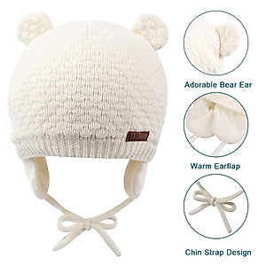 XIAOHAWANG Baby Hat Cute Bear Toddler Earflap Beanie Warm for Fall Winter (A-Set Grey+White+Navy, S(0-6 Months))