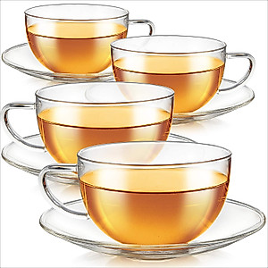 Teabloom Kyoto Teacup and Saucer Set 4-Pack – 12 OZ/ 350 ML Capacity – Premium Borosilicate Glass – Heat Resistant, Microwave Safe – Glass Mug Set
