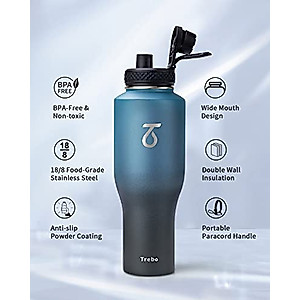 Trebo 40oz Water Bottle Insulated with Lid and Straw,Double Wall Vacuum Stainless Steel Metal Tumbler Flask Fit in Any Car Cup Holder with Paracord Handle,Leakproof Keep Drink Cold & Hot,Indigo/Black