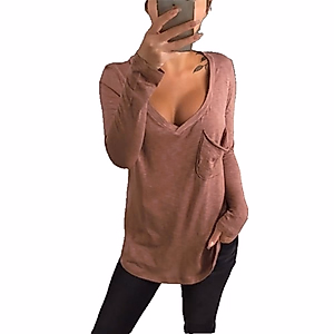 Janepam Womens Tops Shirt Solid Color Plain Long Sleeve Deep V-Neck Low-Cut Long Sleeve Pocket Base Layer Casual Blouse(A Caramel,XL)