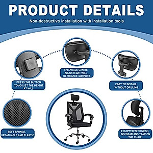 Adjustable Headrest for Office Chair, Universal Chair Head Neck Support Cushion Attachment Elastic Sponge Nylon Frame Head Rest Detachable Upholstered for Ergonomic Chair,Headrest Only (Black3.0)