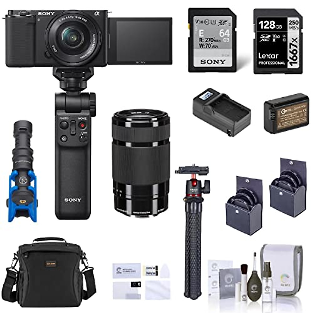Sony ZV-E10 Mirrorless Camera with 16-50mm Lens & E 55-210mm f/4.5-6.3 OSS E-Mount Lens,Black Bundle with Vlogger Kit, 128GB Memory Card, Battery, Accessories Kit