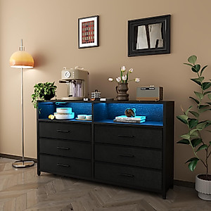 Loomie 6 Drawers Dresser with Power Outlets and LED Lights, Black Dresser with 2 Top Cubby, Tall Wide Fabric Double Chest of Drawers,Modern Dresser Tv Stand for up to 60" TV for Bedroom, Living Room
