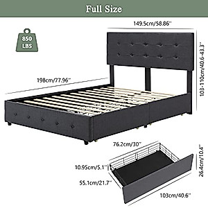 Vinctik 6&Fox Full Bed Frame with 4 XL Storage Drawers and Adjustable Headboard,Upholstered Double/Full Size Bed Frame with Drawers,Linen Fabric Tufted Bed Frame,Mattress Foundation(78 * 59in)
