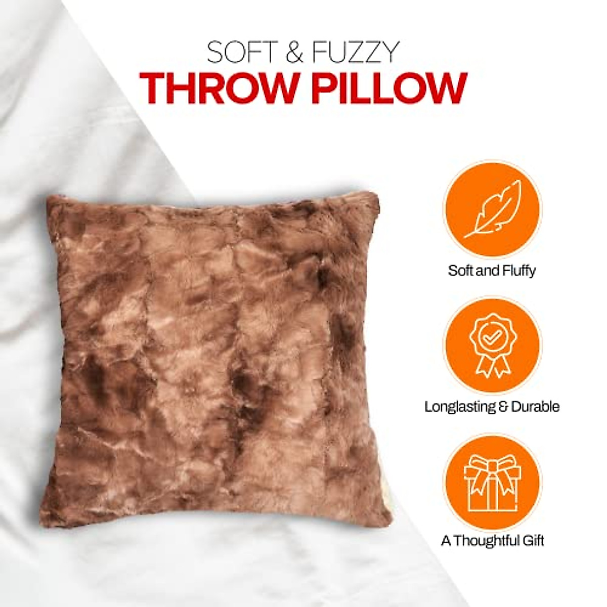 Cheer Collection Faux Fur Throw Pillow Set of 2 for Couch, Beds, Bedroom and Living Room - Ultra Soft and Cozy, Elegant Home Decor, Stylish Accent Pillows - 18" x 18", Brown & White