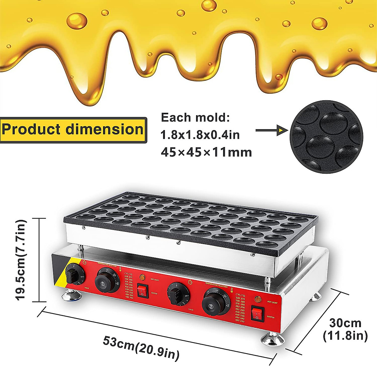 Hanchen Electric Dorayaki Maker Commercial Muffin Bake Machine 50Pcs Double Switch Poffertjes Grill Dutch Mini Pancake Maker Non-stick Surface for Bakery Home and Kitchen Restaurant Leisure Snack Bar (110v 60Hz American Plug)
