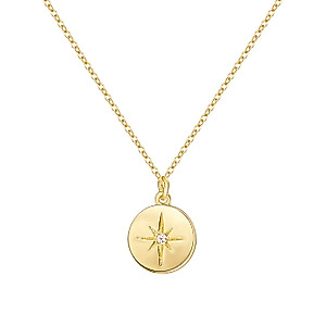 S.Leaf Compass Necklace Gold Coin Necklace Starburst Disc Pendant Necklace for Woman (14K gold plated)