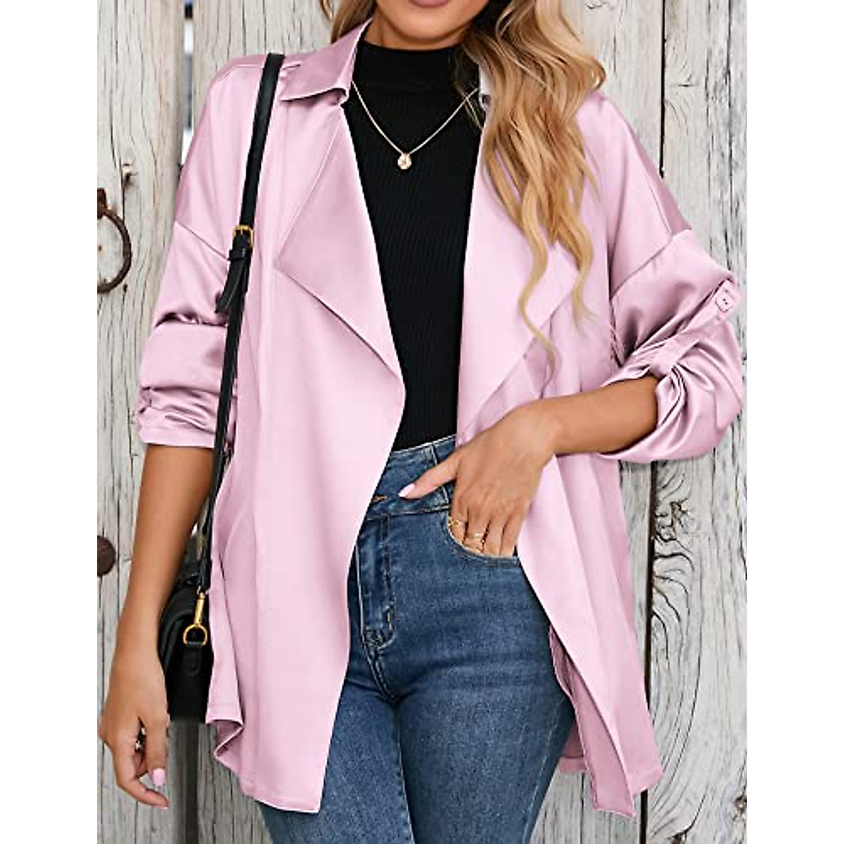Zeagoo Womens Blazers for Work Professional Satin Oversized Blazer Jackets with Pockets,Pink Purple Small