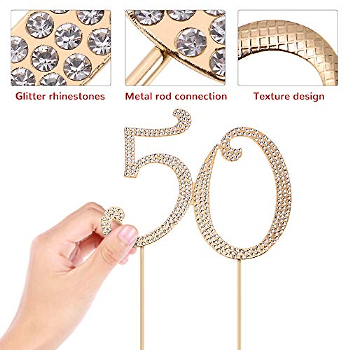 Toddmomy 50 Gold 50th Anniversary Bling Rhinestone 50th Birthday Crystal Cake Decoration