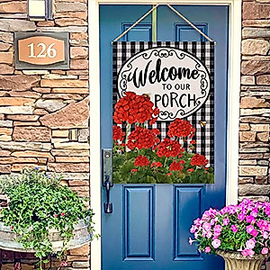 Covido Home Decorative Welcome to Our Porch Geranium Spring Summer House Flag, Flower Black White Buffalo Plaid Check Garden Yard Outside Decoration, Fall Autumn Farmhouse Outdoor Large Decor 28x40