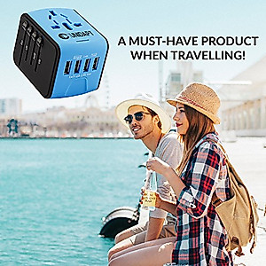 Unidapt Universal Travel Adapter, International Plug Adapter Fast 2,4A 4-USB European Power Plug, AC Wall Charger – Worldwide Outlet for Europe US USA UK EU AUS, Blue