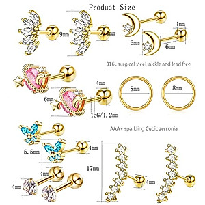 EVISPOL 7Pairs Cartilage Earring, Conch Piercing Jewelry Tragus Piercing Jewelry Helix Piercing Jewelry Daith Piercing Jewelry Rook Piercing Jewelry for Women Men-7Pairs-Gold2