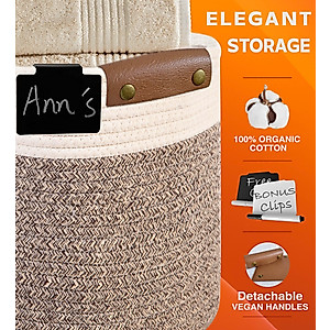 Cotton Rope Baskets for Organizing – Storage Baskets for Shelves | 15"x10"x9" | Rope Basket for Storage, Small Laundry Baskets, Woven Baskets for Storage, Dog Toy Bin, Baby Basket, Creamy White &Brown