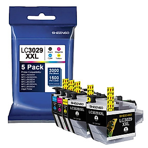 LC3029 XXL 5PKS Super High Yield Compatible Ink Cartridges Includes 2 Black, 1 Cyan,1 Magenta,1 Yellow for Brother LC3029 Ink Cartridges for MFC-J6535DW MFC-J6935DW MFC-J5830DW MFC-J5930DW Printer