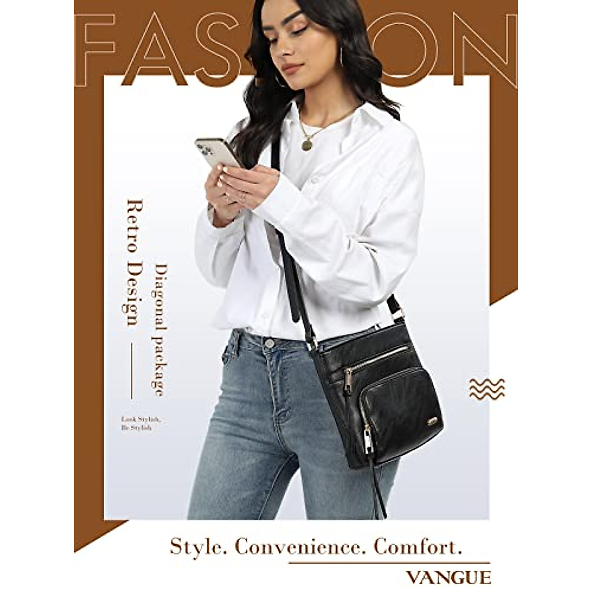 Vangue Crossbody Purses for Women Multi Pockets Vegan Leather Women's Shoulder Handbags with Adjustable Strap (Black)